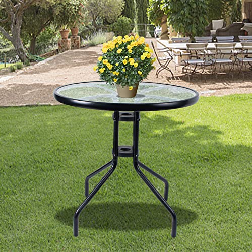 Vipush 24" Outdoor Bistro Table Round Patio Side Table Dining Table with Glass Table Top Metal Coffee Table for Lawn Garden Pool Steel Frame Commercial Party Table Black