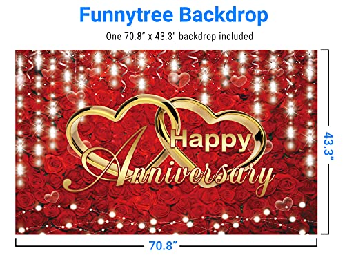 Funnytree Happy Wedding Anniversary Party Backdrop Banner Red Gold Flowers Roses Photo Booth Banner Supplies Photography Background Indoor Outdoor Decorations