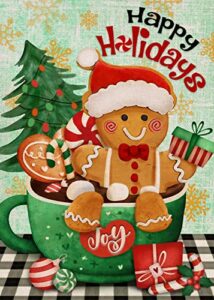 dyreson merry christmas joy coffee gingerbread man decorative garden flag, xmas happy holiday buffalo plaid check yard outside decorations, winter farmhouse outdoor small decor 12×18