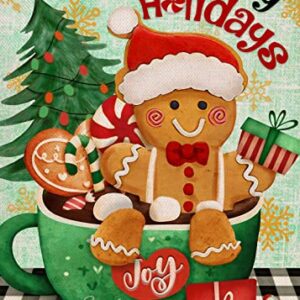 Dyreson Merry Christmas Joy Coffee Gingerbread Man Decorative Garden Flag, Xmas Happy Holiday Buffalo Plaid Check Yard Outside Decorations, Winter Farmhouse Outdoor Small Decor 12x18