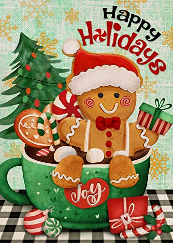 Dyreson Merry Christmas Joy Coffee Gingerbread Man Decorative Garden Flag, Xmas Happy Holiday Buffalo Plaid Check Yard Outside Decorations, Winter Farmhouse Outdoor Small Decor 12x18