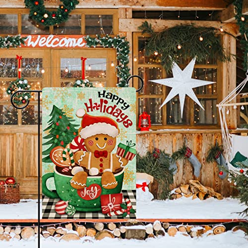 Dyreson Merry Christmas Joy Coffee Gingerbread Man Decorative Garden Flag, Xmas Happy Holiday Buffalo Plaid Check Yard Outside Decorations, Winter Farmhouse Outdoor Small Decor 12x18