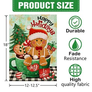 Dyreson Merry Christmas Joy Coffee Gingerbread Man Decorative Garden Flag, Xmas Happy Holiday Buffalo Plaid Check Yard Outside Decorations, Winter Farmhouse Outdoor Small Decor 12x18