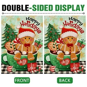 Dyreson Merry Christmas Joy Coffee Gingerbread Man Decorative Garden Flag, Xmas Happy Holiday Buffalo Plaid Check Yard Outside Decorations, Winter Farmhouse Outdoor Small Decor 12x18