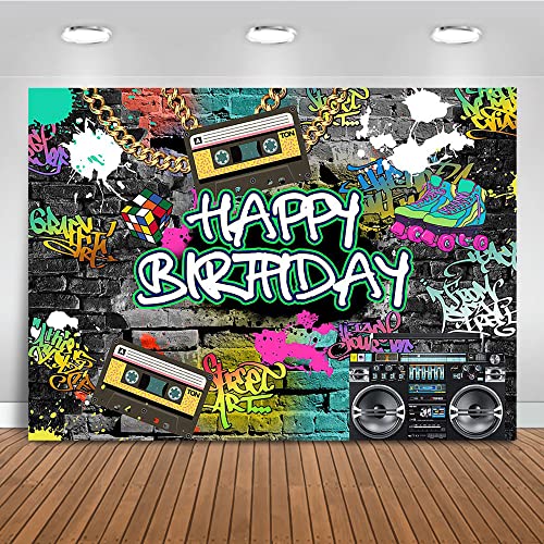 Mocsicka Graffiti 80's 90's Birthday Backdrop Urban Retro Birthday Party Background 80's 90's Hip Hop Rock Birthday Party Cake Table Decoration Banner Photo Booth Props (7x5ft)