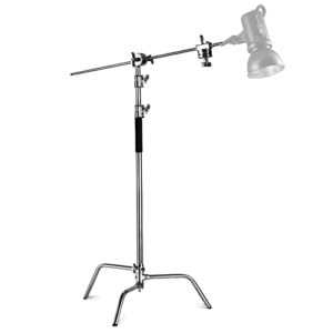 neewer pro 100% stainless steel heavy duty c stand with boom arm, max height 10.5ft/320cm photography light stand with 4.2ft/128cm holding arm, 2 grip head for studio monolight, softbox, reflector