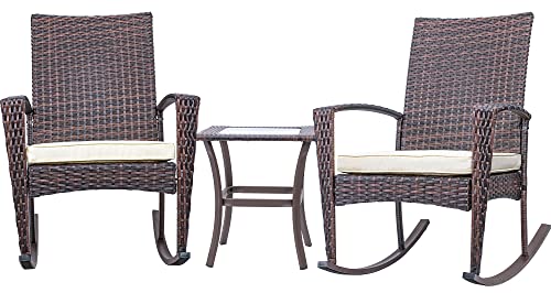 3 Piece Wicker Patio Furniture Sets, Outdoor Wicker Rocking Chairs Patio Bistro Set, Rattan Chairs Patio Furniture Set for Porch Lawn Poolside Backyard with Glass Coffee Table, Brown and Beige