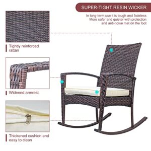 3 Piece Wicker Patio Furniture Sets, Outdoor Wicker Rocking Chairs Patio Bistro Set, Rattan Chairs Patio Furniture Set for Porch Lawn Poolside Backyard with Glass Coffee Table, Brown and Beige