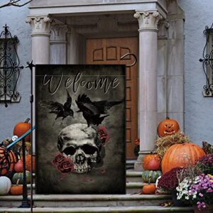 CMEGKE Skull With Crow Garden Flag Welcome Skeleton Garden Flag Skull Garden Flag Halloween Flags Double Sided Burlap Holiday Halloween Rustic Farm Home Outdoor Yard Decor 12.5 x 18 In