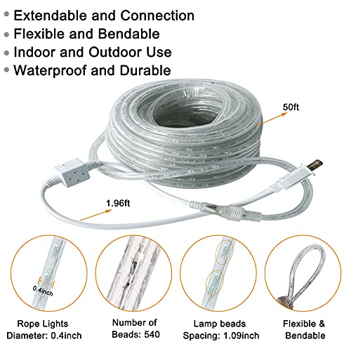 LED Rope Lights Outdoor Warm White - Waterproof 50ft SURNIE Cuttable 3000K Soft Lighting Indoor 110V Plug Connectable Flexible Thick Clear Tube for Bedroom Outside Garden Deck Patio Camping Decor