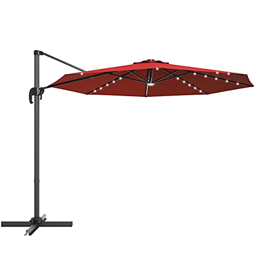 TANGKULA 10 ft Patio Led Cantilever umbrella, Solar Powered Led, 360 degree Rotation Outdoor Offset Umbrella with Aluminum Pole, Cross Base and Cover, Suitable for Garden, Deck, Backyard, Pool