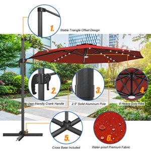 TANGKULA 10 ft Patio Led Cantilever umbrella, Solar Powered Led, 360 degree Rotation Outdoor Offset Umbrella with Aluminum Pole, Cross Base and Cover, Suitable for Garden, Deck, Backyard, Pool