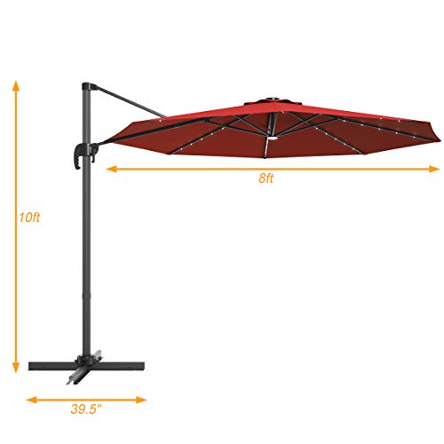 TANGKULA 10 ft Patio Led Cantilever umbrella, Solar Powered Led, 360 degree Rotation Outdoor Offset Umbrella with Aluminum Pole, Cross Base and Cover, Suitable for Garden, Deck, Backyard, Pool