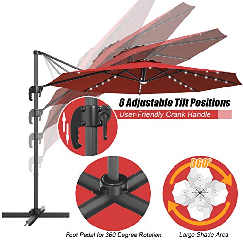 TANGKULA 10 ft Patio Led Cantilever umbrella, Solar Powered Led, 360 degree Rotation Outdoor Offset Umbrella with Aluminum Pole, Cross Base and Cover, Suitable for Garden, Deck, Backyard, Pool