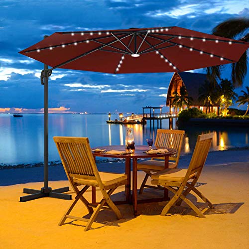 TANGKULA 10 ft Patio Led Cantilever umbrella, Solar Powered Led, 360 degree Rotation Outdoor Offset Umbrella with Aluminum Pole, Cross Base and Cover, Suitable for Garden, Deck, Backyard, Pool