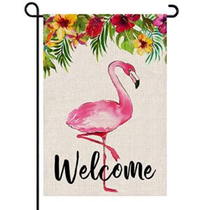 flamingo welcome garden flag tropical pink flamingo lawn yard outside outdoor flag (12×18, double sided)