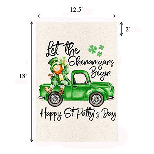 MONORD Let The Shenanigans Begin Double Sided Garden Flag Happy St Patrick's Day Leprechaun Truck Yard Flag 12 x 18 Inch.