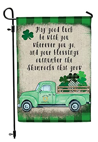 St Patricks Garden Flag - Buffalo Check Shamrock Outdoor Flag - Celtic Irish Blessing Garden Flag - Green Truck St Patricks Flag - Irish Flag 12 x 18 inch size by Jolly Jon