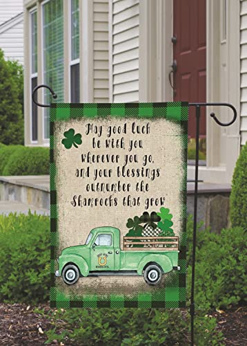 St Patricks Garden Flag - Buffalo Check Shamrock Outdoor Flag - Celtic Irish Blessing Garden Flag - Green Truck St Patricks Flag - Irish Flag 12 x 18 inch size by Jolly Jon