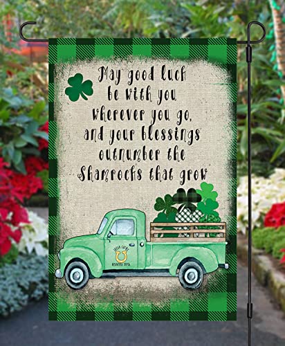 St Patricks Garden Flag - Buffalo Check Shamrock Outdoor Flag - Celtic Irish Blessing Garden Flag - Green Truck St Patricks Flag - Irish Flag 12 x 18 inch size by Jolly Jon