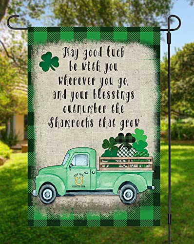 St Patricks Garden Flag - Buffalo Check Shamrock Outdoor Flag - Celtic Irish Blessing Garden Flag - Green Truck St Patricks Flag - Irish Flag 12 x 18 inch size by Jolly Jon