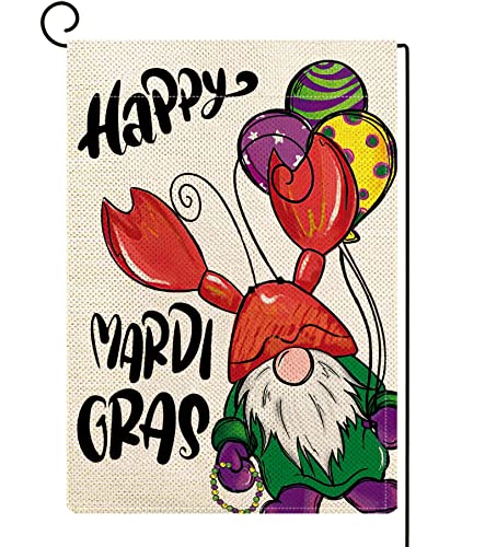 Baccessor Happy Mardi Gras Garden Flag 12x18 Inch Vertical Double Sided, Mardi Gras Gnome Boil Crawfish Fleur de Lis Small Yard Flag Holiday Carnival Celebration Party Yard Outdoor Decoration