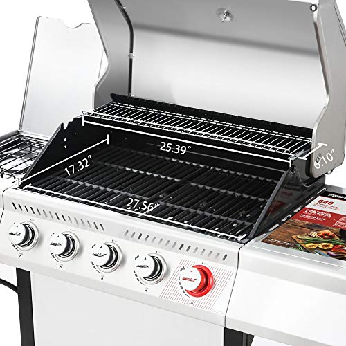 Royal Gourmet GA5401T 5-Burner BBQ Liquid Propane Gas Grill with Sear Burner and Side Burner, Stainless Steel 64,000 BTU Patio Garden Picnic Backyard Barbecue Grill, Silver