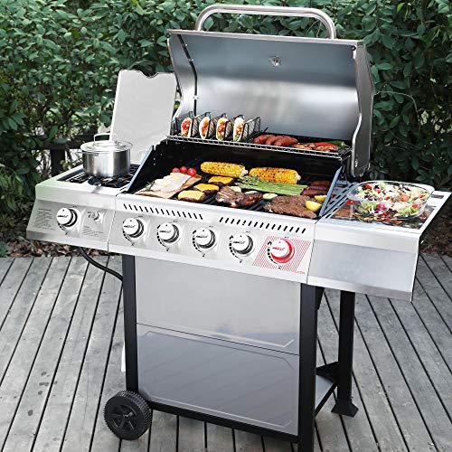 Royal Gourmet GA5401T 5-Burner BBQ Liquid Propane Gas Grill with Sear Burner and Side Burner, Stainless Steel 64,000 BTU Patio Garden Picnic Backyard Barbecue Grill, Silver