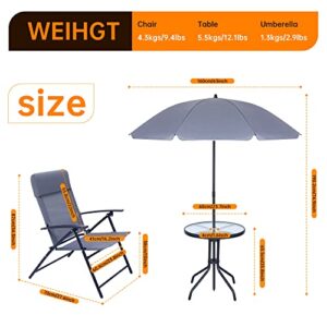 JOYTIO 4 Piece Patio Dining Set, Outdoor Garden Furniture Bistro Set with Tilted Removable Umbrella, 2 Folding Chairs, and Round Glass Table (Grey)