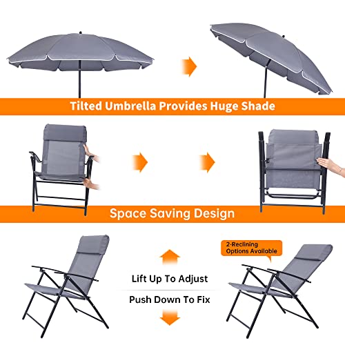 JOYTIO 4 Piece Patio Dining Set, Outdoor Garden Furniture Bistro Set with Tilted Removable Umbrella, 2 Folding Chairs, and Round Glass Table (Grey)