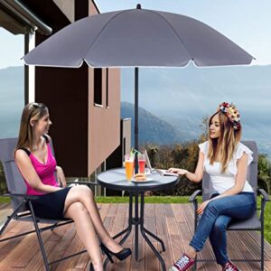 JOYTIO 4 Piece Patio Dining Set, Outdoor Garden Furniture Bistro Set with Tilted Removable Umbrella, 2 Folding Chairs, and Round Glass Table (Grey)