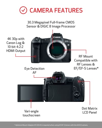 Canon EOS R, Vlogging and Content Creator Camera 4K UHD, Digital Single-Lens Non-Reflex AF/AE, 0.76 Magnification, OLED Color Electronic Viewfinder, CMOS Sensor, Mirrorless, Full-Frame (Body Only)