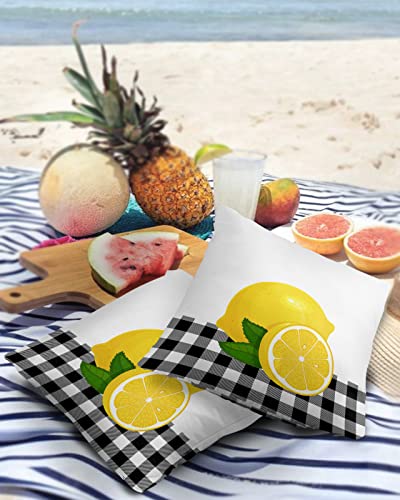 Vandarllin Outdoor Throw Pillows Covers 18X18 Set of 2 Waterproof Lemon Summer Fruit Decorative Zippered Lumbar Cushion Covers for Patio Furniture, Black White Buffalo Check Plaid