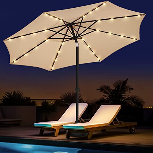 wikiwiki 10ft Outdoor Patio Table Umbrella, Sturdy Solar Led Market Umbrella for Deck, Pool, Garden w/Tilt, Crank, 32 LED Lights - Beige