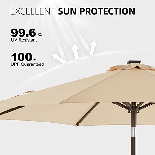 wikiwiki 10ft Outdoor Patio Table Umbrella, Sturdy Solar Led Market Umbrella for Deck, Pool, Garden w/Tilt, Crank, 32 LED Lights - Beige