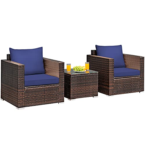 Tangkula 3 Pieces Patio Furniture Set, Outdoor Conversation Rattan Furniture Set w/Washable Cushion and Tempered Glass Tabletop, PE Rattan Wicker Sofa Set for Garden Poolside Balcony (Navy Blue)