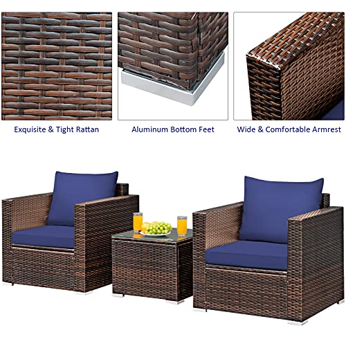 Tangkula 3 Pieces Patio Furniture Set, Outdoor Conversation Rattan Furniture Set w/Washable Cushion and Tempered Glass Tabletop, PE Rattan Wicker Sofa Set for Garden Poolside Balcony (Navy Blue)