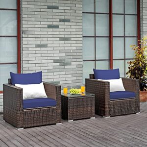 Tangkula 3 Pieces Patio Furniture Set, Outdoor Conversation Rattan Furniture Set w/Washable Cushion and Tempered Glass Tabletop, PE Rattan Wicker Sofa Set for Garden Poolside Balcony (Navy Blue)