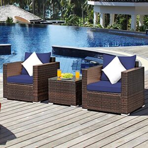 Tangkula 3 Pieces Patio Furniture Set, Outdoor Conversation Rattan Furniture Set w/Washable Cushion and Tempered Glass Tabletop, PE Rattan Wicker Sofa Set for Garden Poolside Balcony (Navy Blue)