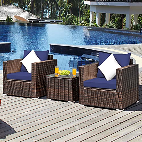 Tangkula 3 Pieces Patio Furniture Set, Outdoor Conversation Rattan Furniture Set w/Washable Cushion and Tempered Glass Tabletop, PE Rattan Wicker Sofa Set for Garden Poolside Balcony (Navy Blue)