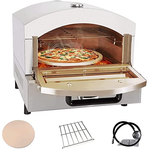 Li Zhen Portable Outdoor Pizza Oven|Propane Gas Fired-Pizza Maker|14in Pizza Stone|Stainless Less|Cooking Pizza Steak Fish Chicken and More|for Outdoor Garden Camping Party| Silver