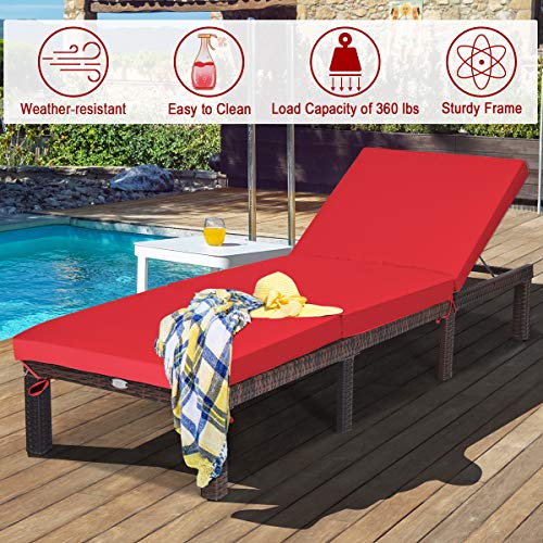 Tangkula Rattan Wicker Chaise Lounge Chair, Outdoor Patio Lounger Recliner Chair w/Adjustable Backrest, Heavy-Duty Reclining Chair Sunbed with Thick Zippered Cushion for Garden Yard Patio (1, Red)