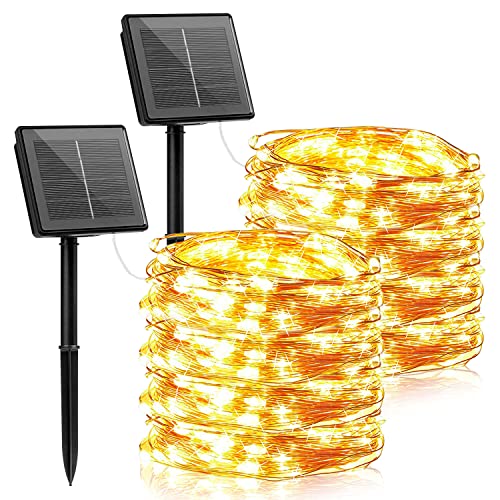 2 Pack Solar Fairy Lights Outdoor, 39.37ft 120 LED 8 Modes Warm White Solar String Lights Waterproof, Copper Wire Lights for DIY Decoration Garden Party Wedding Patio Yard