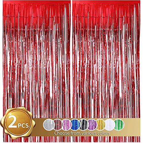 BEISHIDA 2 Pack Foil Fringe Curtains Red Photo Backdrop Streamer Tinsel Metallic Curtains Photo Props Background for Christmas Wedding Birthday Bachelorette New Year Party Decor(3.28 ftx6.56 ft)