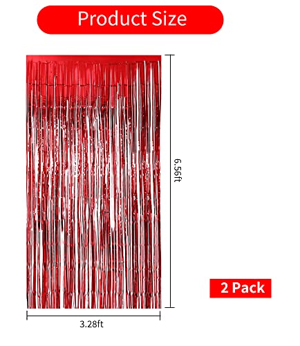 BEISHIDA 2 Pack Foil Fringe Curtains Red Photo Backdrop Streamer Tinsel Metallic Curtains Photo Props Background for Christmas Wedding Birthday Bachelorette New Year Party Decor(3.28 ftx6.56 ft)