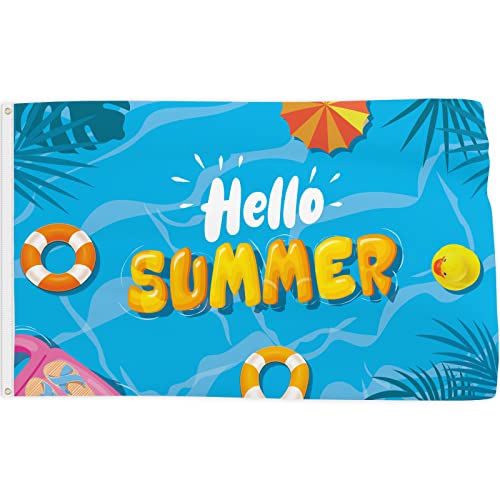 Hello Summer Flag 3x5 Ft Banner Swimming Pool Decorations Double Sided Printed Backdrop Yard Sign Tropical Party Supplies Holiday Hawaiian Duck Swim Ring Funny Poster Wall Decor with Brass Grommets for Outdoor Indoor Garden Room Door Kids House Home