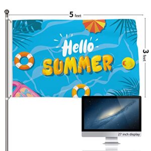 Hello Summer Flag 3x5 Ft Banner Swimming Pool Decorations Double Sided Printed Backdrop Yard Sign Tropical Party Supplies Holiday Hawaiian Duck Swim Ring Funny Poster Wall Decor with Brass Grommets for Outdoor Indoor Garden Room Door Kids House Home