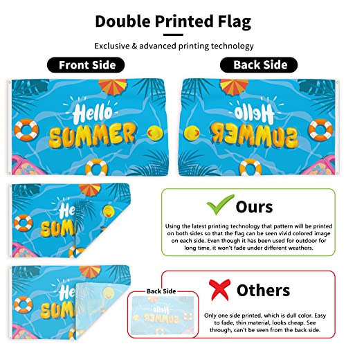 Hello Summer Flag 3x5 Ft Banner Swimming Pool Decorations Double Sided Printed Backdrop Yard Sign Tropical Party Supplies Holiday Hawaiian Duck Swim Ring Funny Poster Wall Decor with Brass Grommets for Outdoor Indoor Garden Room Door Kids House Home