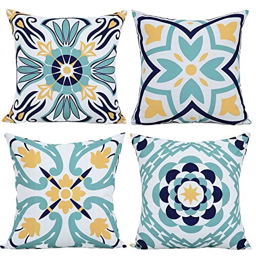 BOYSUM Set of 4 Outdoor Pillows Cover Waterproof Throw Pillow Covers Boho Cushion Cover for Patio Furniture 18x18 Inches Yellow