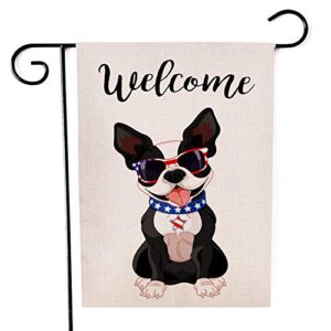 ogiselestyle welcome garden flag double sided cute boston terrier celebrating yard outdoor flag 12 x 18 inch